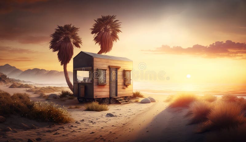Tiny House on the Beach at Sunset. Generative Ai. Stock Illustration ...
