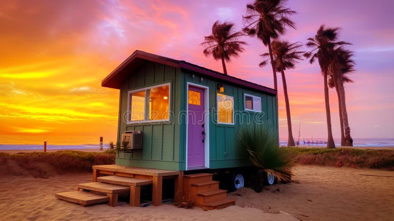 Tiny House on the Beach at Sunset. Generative Ai. Stock Illustration ...
