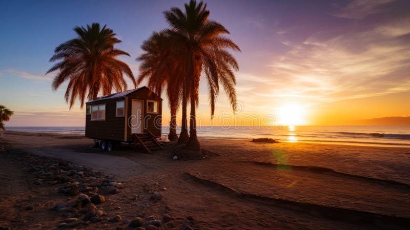 Tiny House on the Beach at Sunset. Generative Ai. Stock Illustration ...