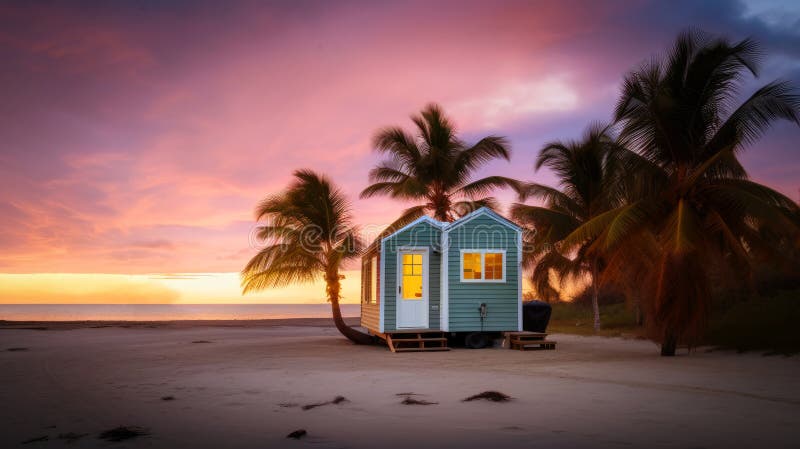 Tiny House on the Beach at Sunset. Generative Ai. Stock Illustration ...