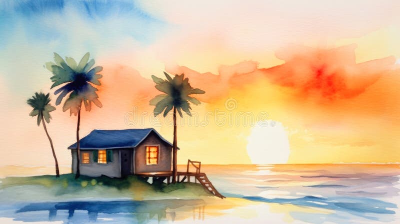Tiny House on the Beach at Sunset. Watercolor Style. Generative Ai ...