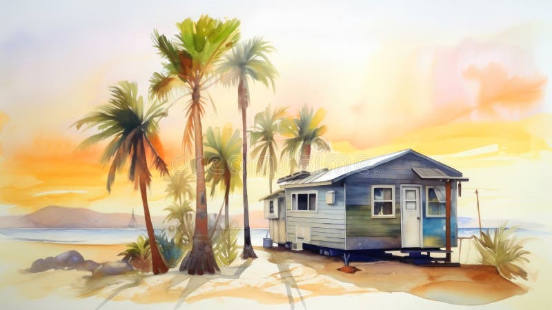 Tiny House on the Beach at Sunset. Watercolor Style. Generative Ai ...