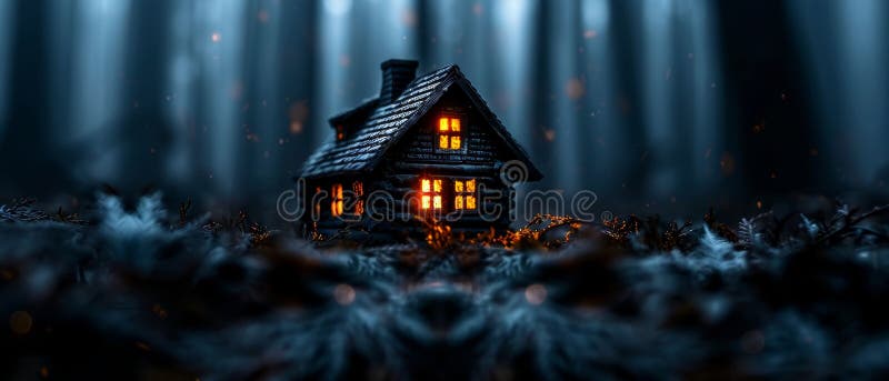A Tiny House, Encircled by a Forest, Glows with Window Lights during ...