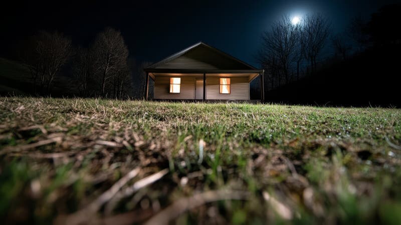 A Tiny House in a Field Under a Full Moon S Glow at Night Stock Photo ...