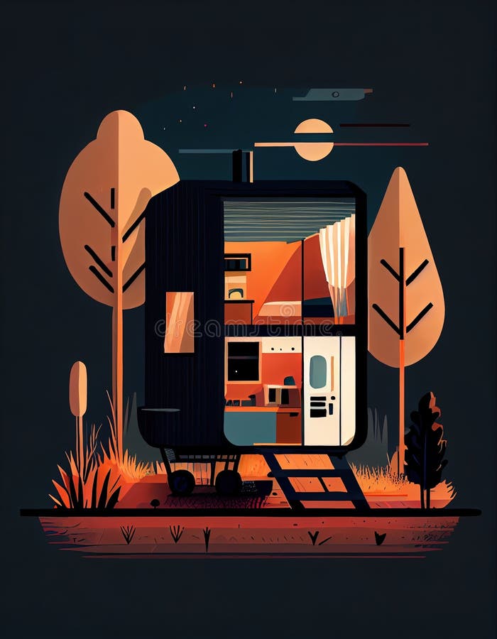 Tiny House in Forest at Night, Minimalistic Modern Illustration, AI ...