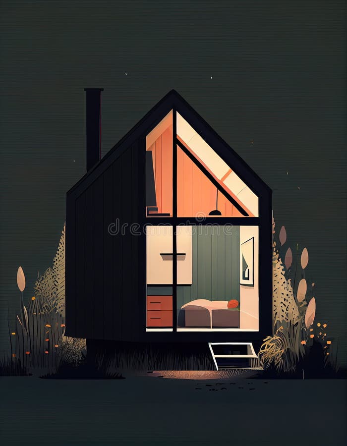 Tiny House in Forest at Night, Minimalistic Modern Illustration, AI ...