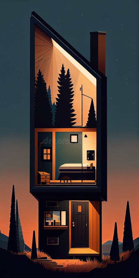 Tiny House in Forest at Night, Minimalistic Modern Illustration, AI ...
