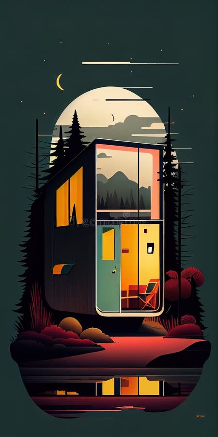 Tiny House in Forest at Night, Minimalistic Modern Illustration, AI ...