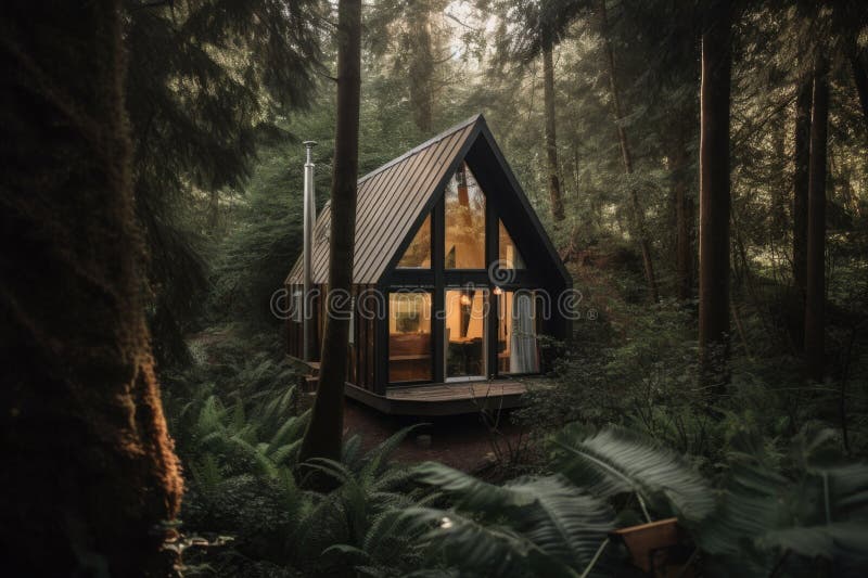 Tiny House in Forest, Surrounded by Trees and Wildlife Stock Illustration - Illustration of cozy ...