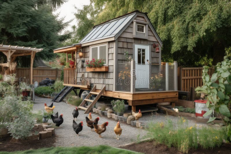 A Tiny House with a Garden and Chickens Outside Stock Illustration ...