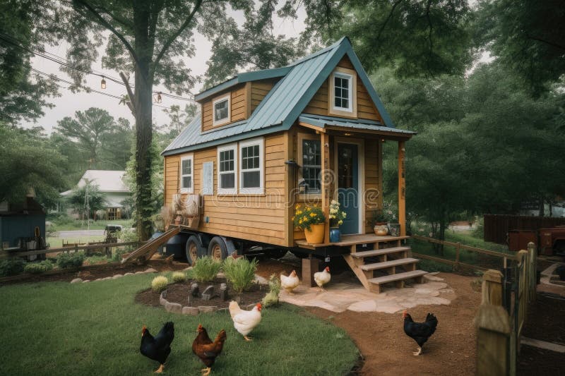 A Tiny House with a Garden and Chickens Outside Stock Illustration ...