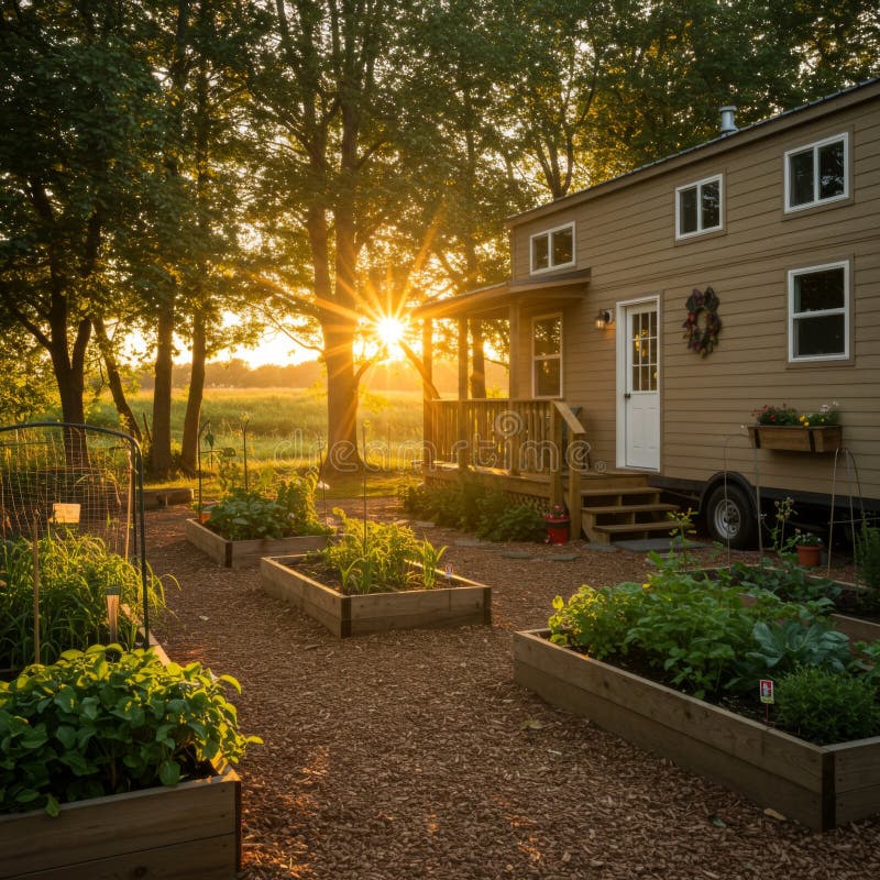 Tiny House Garden at Sunset Stock Illustration - Illustration of beds ...
