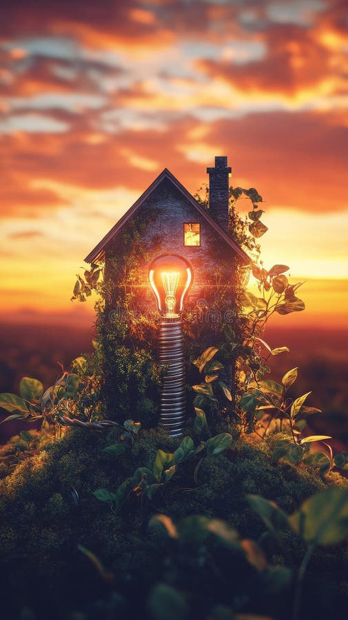 Tiny House with Glowing Light Bulb at Sunset, Nature Concept Stock ...