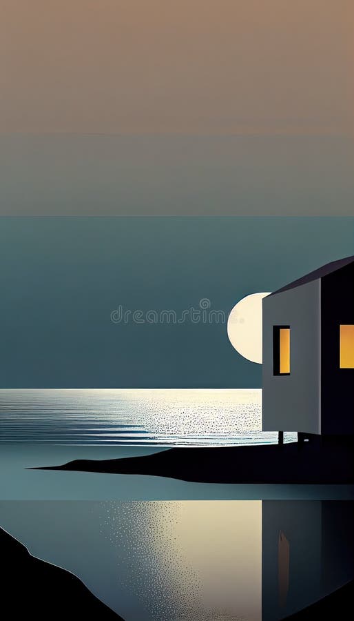 Tiny House with Lake at Night, Minimalistic Modern Illustration, AI ...