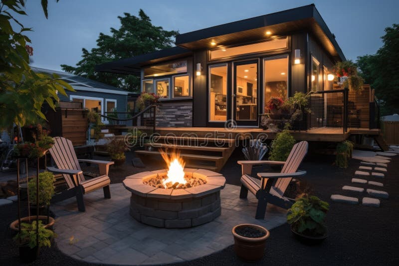 Tiny House with Outdoor Patio and Fire Pit Stock Illustration ...