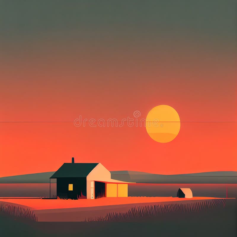 Tiny House in Plane, Steppe at Sunset, Minimalistic Modern Geometric ...