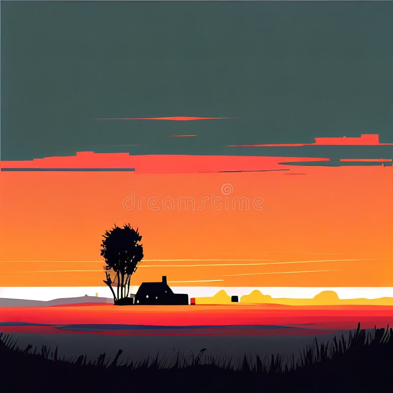 Tiny House in Plane, Steppe at Sunset, Minimalistic Modern Geometric ...