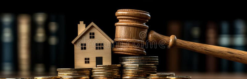 A Tiny House on a Stack of Coins, with a Gavel and Law Book in the ...