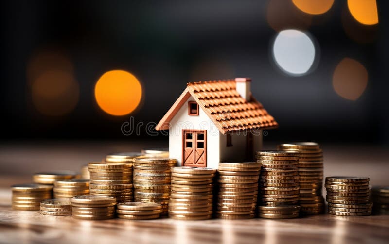 Tiny House on Stacked Coins Table. Generative AI Stock Illustration ...