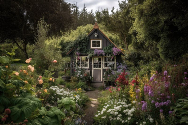 Tiny House Surrounded by Blooming Flowers and Greenery Stock Photo ...
