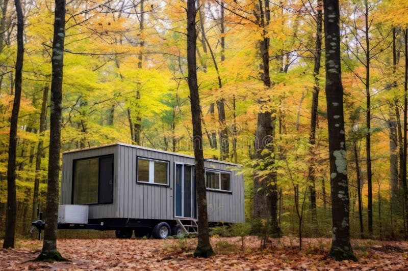 A Tiny House on Wheels Parked among Trees Stock Photo - Image of tiny ...