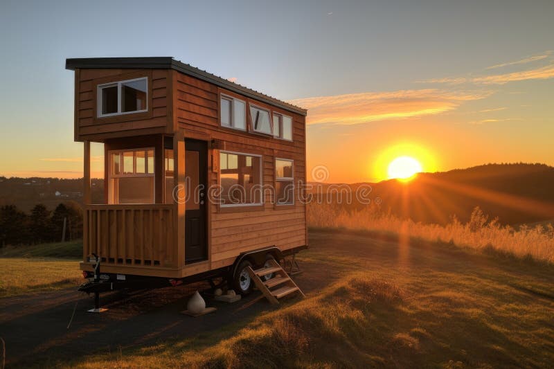 A Tiny House on Wheels, with a View of the Sunset Stock Image - Image ...