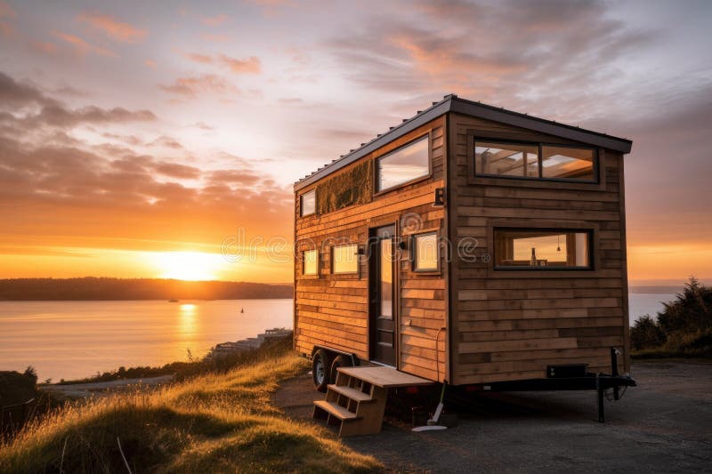 A Tiny House on Wheels, with a View of the Sunset Stock Illustration ...