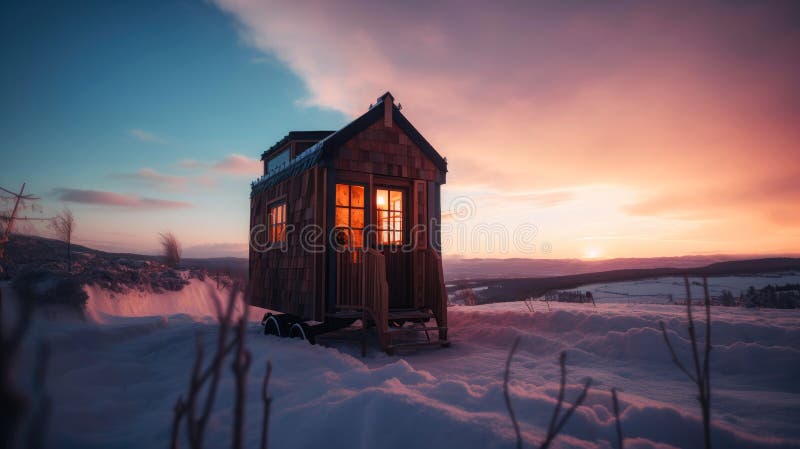 Tiny House in Winter Mountain. Generative Ai. Stock Illustration ...