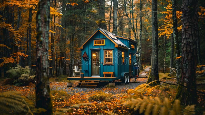 A Tiny House in the Woods with Fall Leaves Stock Photo - Image of ...