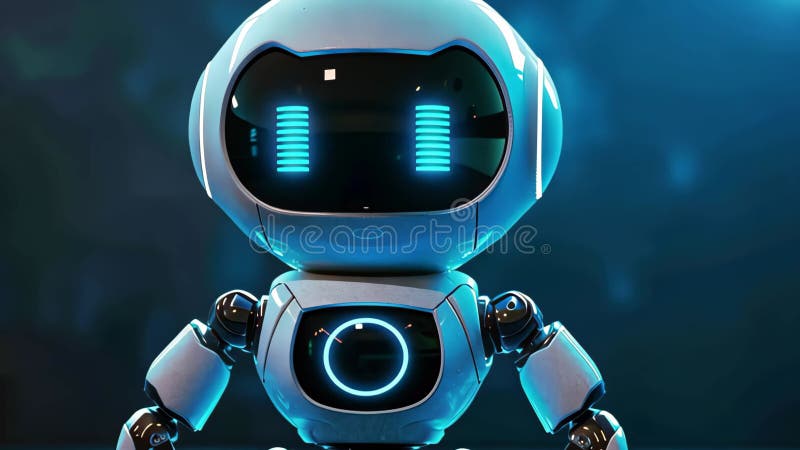 A Small Humanoid Robot with Glowing Blue Features Standing on a Dark ...