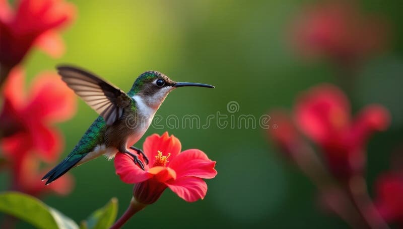 Tiny Hummingbird Feeding, Red Petals Surround Beak, Feeding, Nature ...