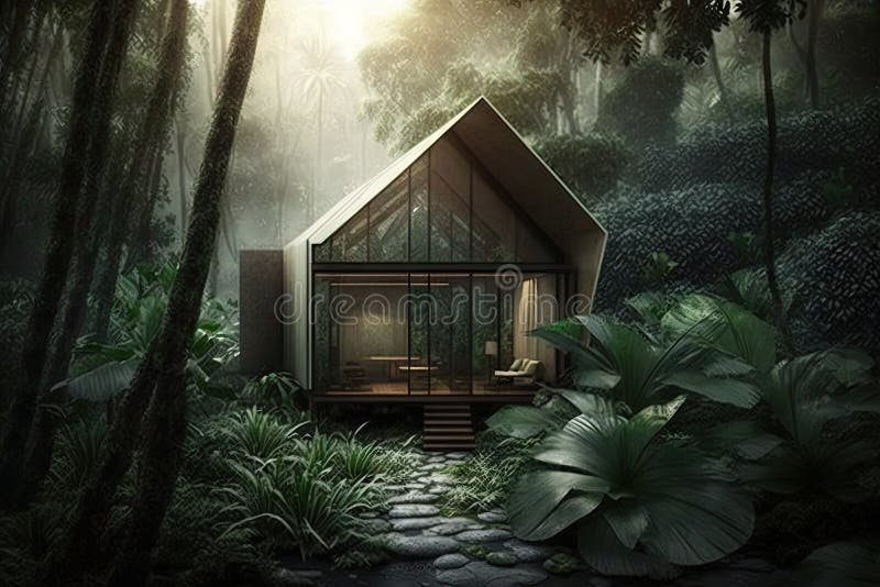 Tiny Hut among Trees in Jungle Interior Design Stock Illustration ...