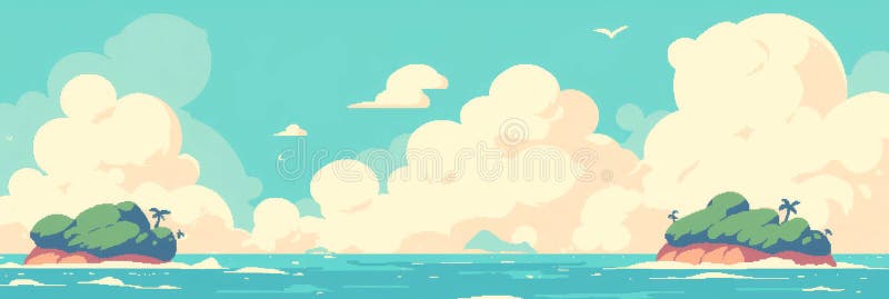 Tiny Islands Float Above a Serene Blue Ocean Under Fluffy Clouds in ...