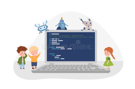 Tiny Kids and Smart Robots with Huge Laptop, Coding Program Flat Style Stock Vector ...