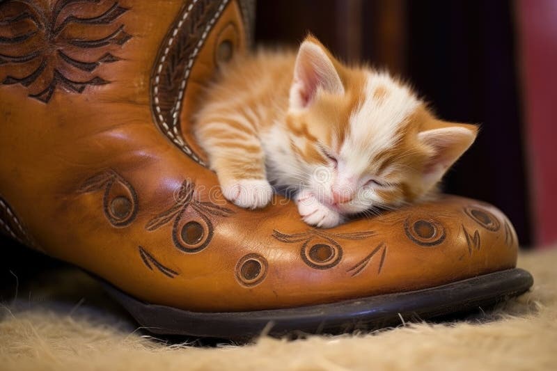 Tiny Kitten Curled Up and Asleep Inside a Cowboy Boot Stock ...