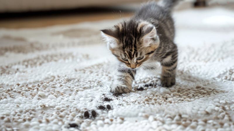 Tiny Kitten Exploring Soil on a Textured Carpet. Small Tabby Cat ...
