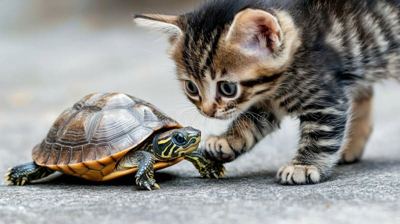 Tiny Kitten Playfully Interacts with Slow-moving Turtle on Concrete ...