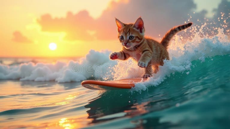 A Tiny Kitten Rides a Wave at Sunset, a Moment of Joy and Excitement on ...