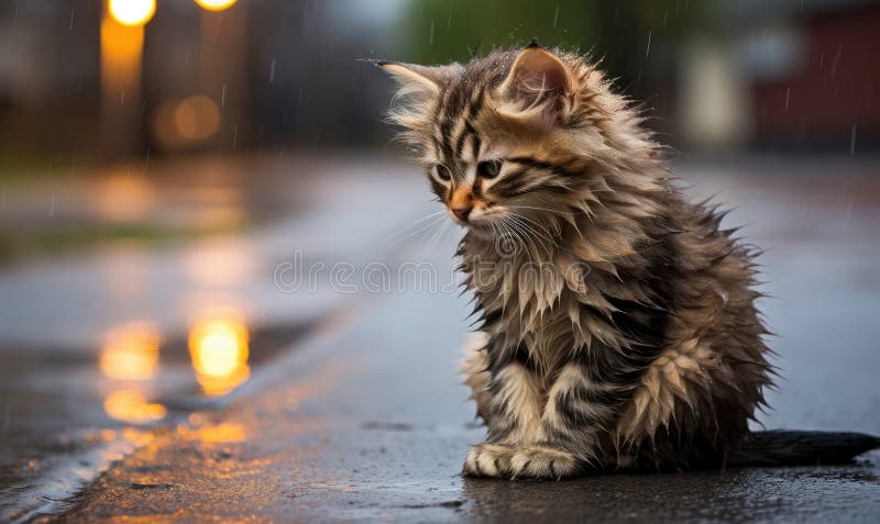 A Tiny Kitten Seeking Shelter in the Rain Stock Illustration - Illustration of kitten, droplets ...