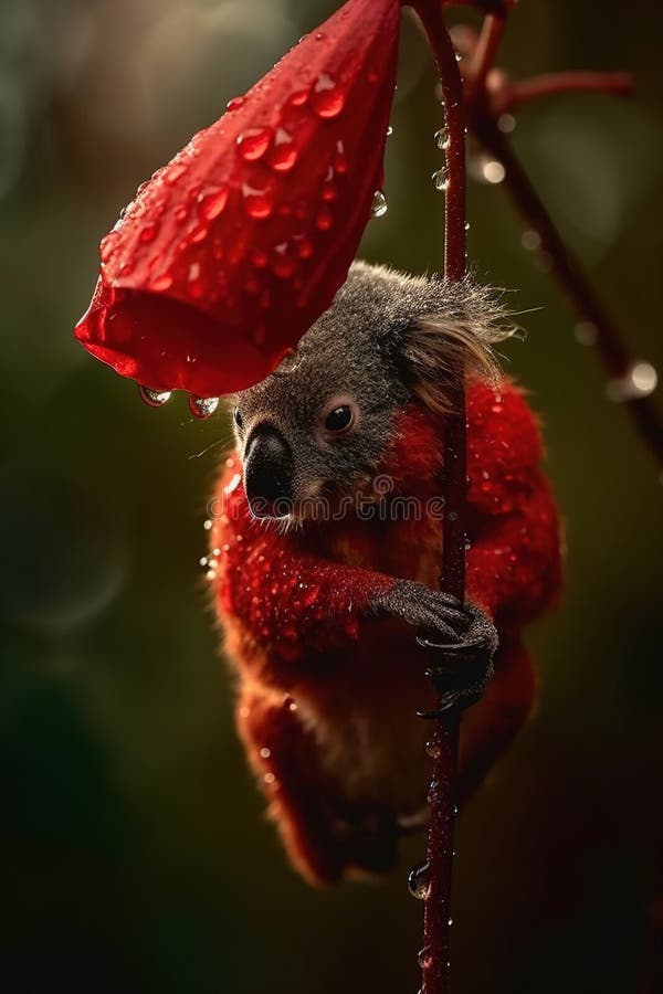 A Tiny Koala Hanging from the Tip of a Bright Red Flower. Generative AI ...