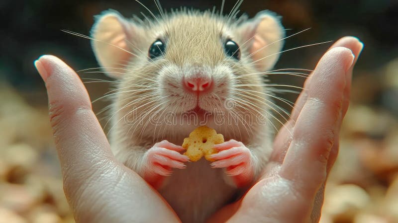 A Tiny Lab Mouse is Gently Cradled in Hands, Holding a Small Piece of ...