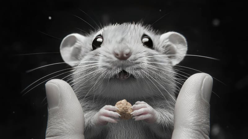 A Tiny Lab Mouse is Gently Cradled in Hands, Holding a Small Piece of ...