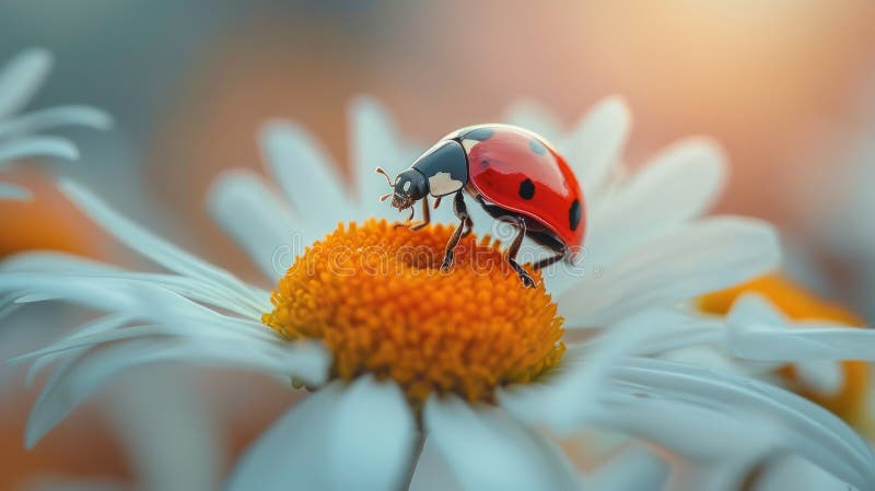 Tiny Ladybug Crawling on Bright Daisy Flower Petals in Sunlight Stock ...