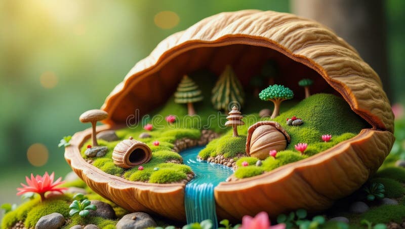 Tiny Landscape Nestled Inside a Walnut Shell Surrounded by Greenery ...