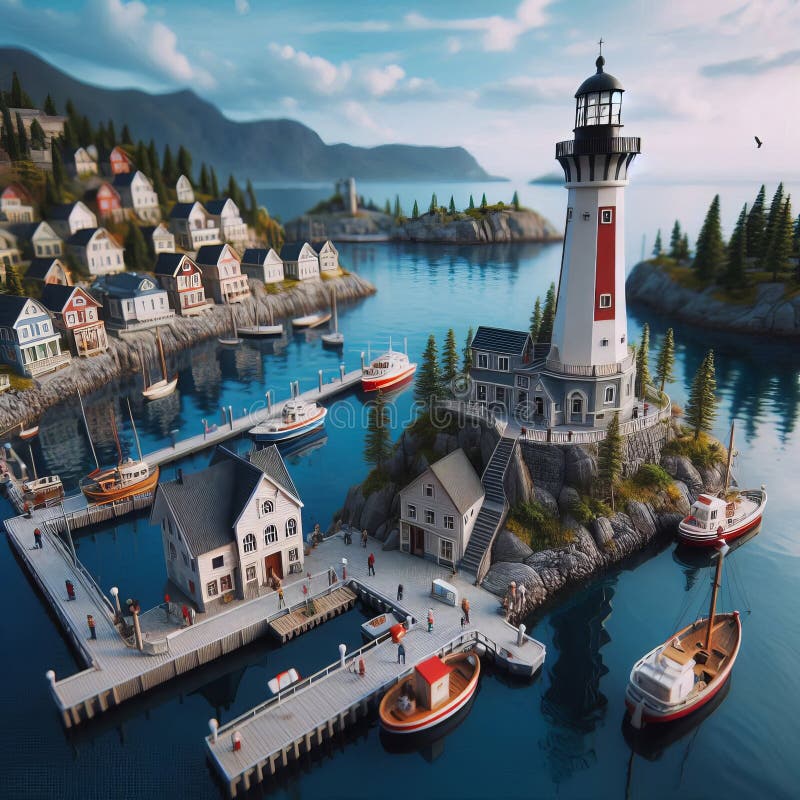 A Tiny Lighthouse Overlooking a Miniature Harbor Stock Illustration ...