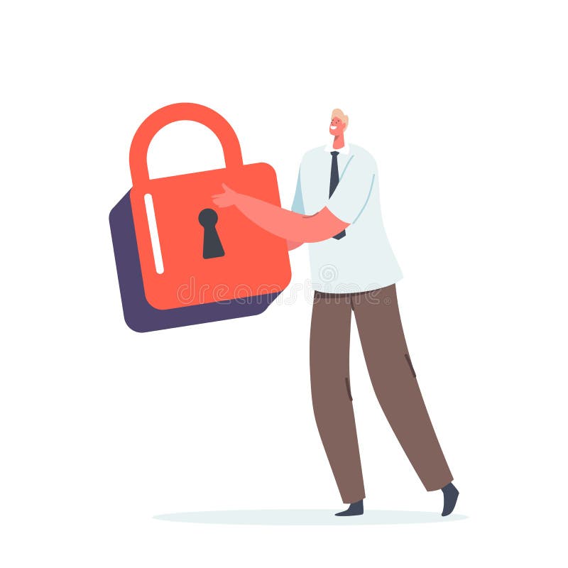 Tiny Male Character with Huge Padlock Isolated on White Background ...