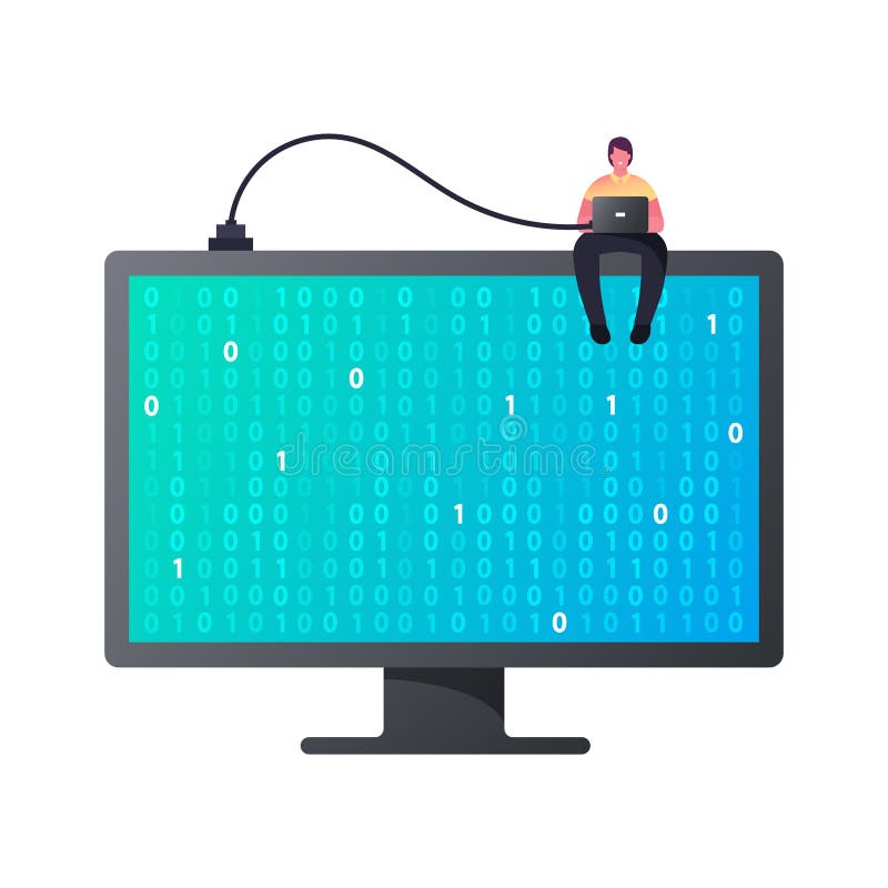 Tiny Male Character Sitting On Huge Computer Monitor With Binary Code On Desktop Screen With