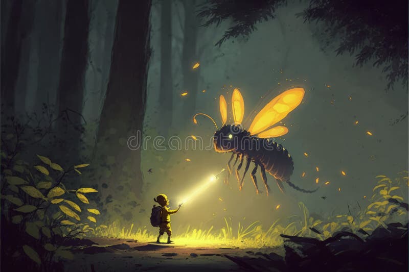 Tiny Man Directing a Large Firefly in the Forest at Night Stock ...