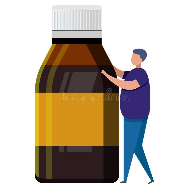 Tiny Man Holding a Bottle of Cough Syrup. Vector Illustration Stock ...