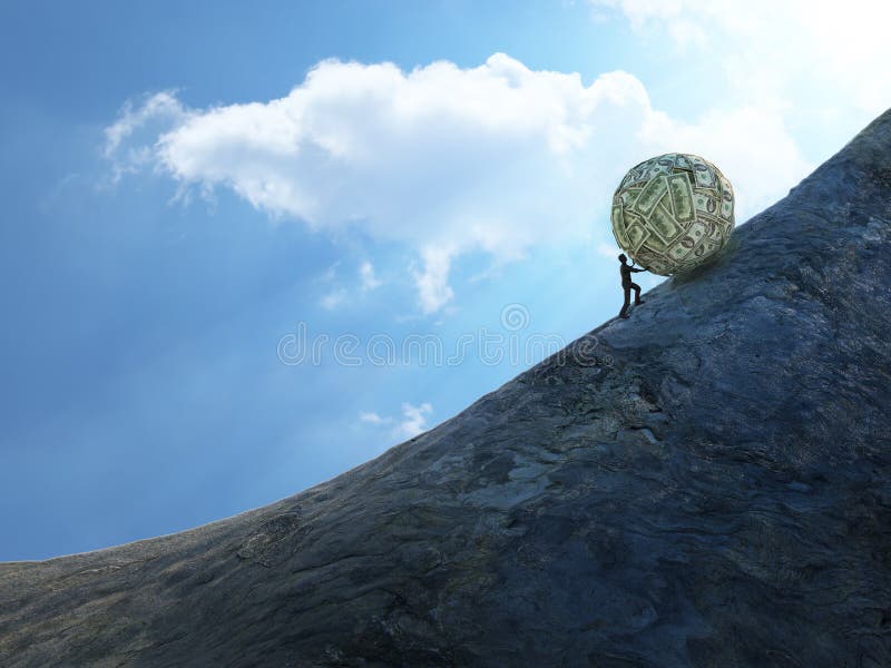 Tiny Man Pushing a Ball of Money Up Hill Stock Image - Image of pushing ...